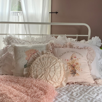 Blush Pink Round Ruffle Pillow Cover, 16 Circle Cushion, Shabby Cottage ...