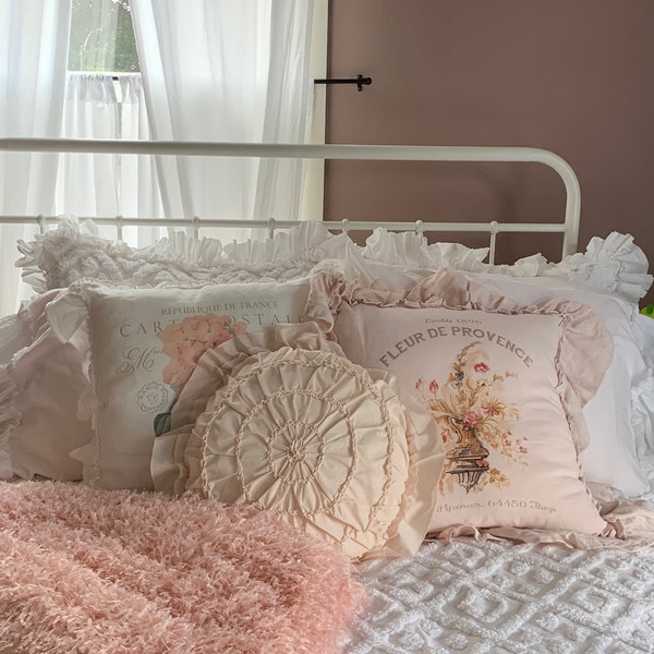 Blush Pink Round Ruffle Pillow Cover, 16” Circle Cushion, Shabby ...