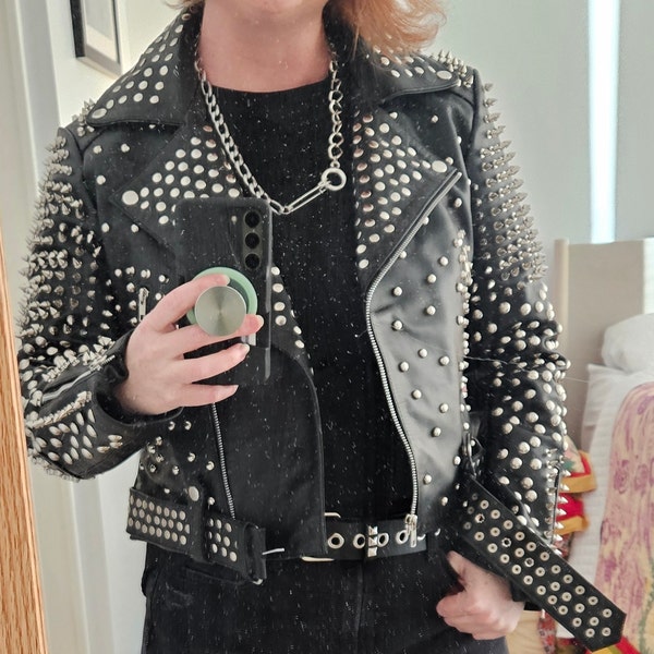 Women Full Studded Jacket, Women Black Leather Rock, Women Steam Punk ...
