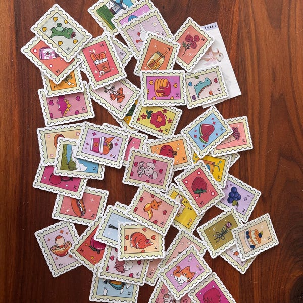 10/25/50 Cute Postage Stamp Stickers, Fake Stamps, Animals Flowers Food ...