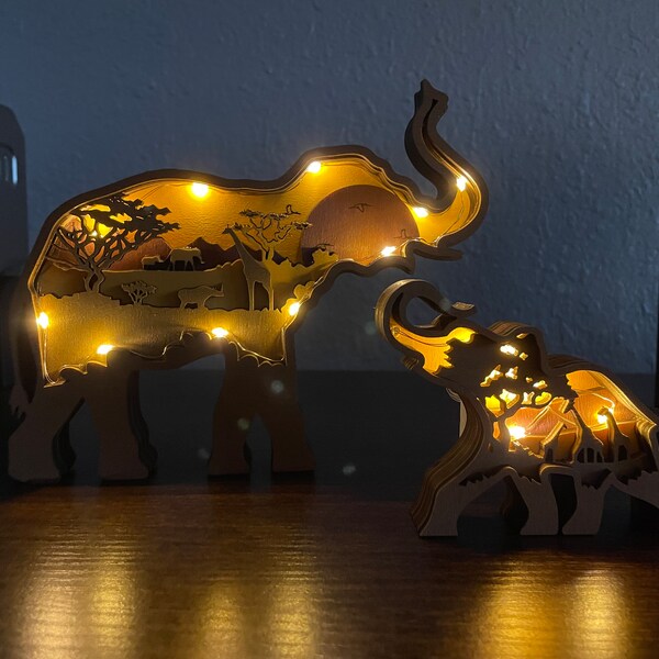 3D Wooden Elephant Decoration With Light,wooden Animal Craft,wooden ...