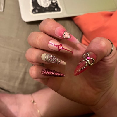 Freestyle 3D Pink & Purple Chrome Long Almond Press on Nails, Cute ...