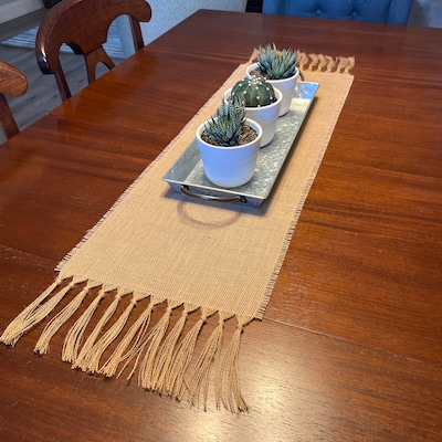 Natural Burlap Table Runner With 5 Knotted Fringe - Etsy