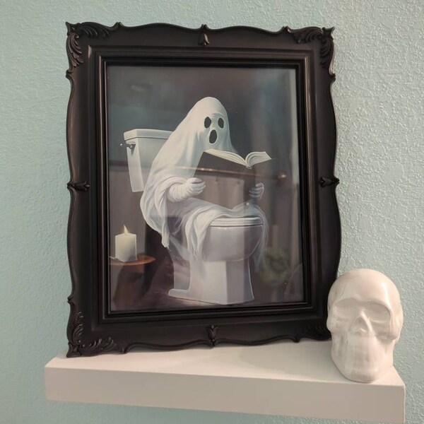 Ghost Sitting on Toilet Poster, Sheeted Ghost Art Print, Cute Little ...
