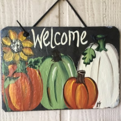 Painted Fall Slate Sign, Fall Welcome Plaque, Painted Slate Sign, Fall ...