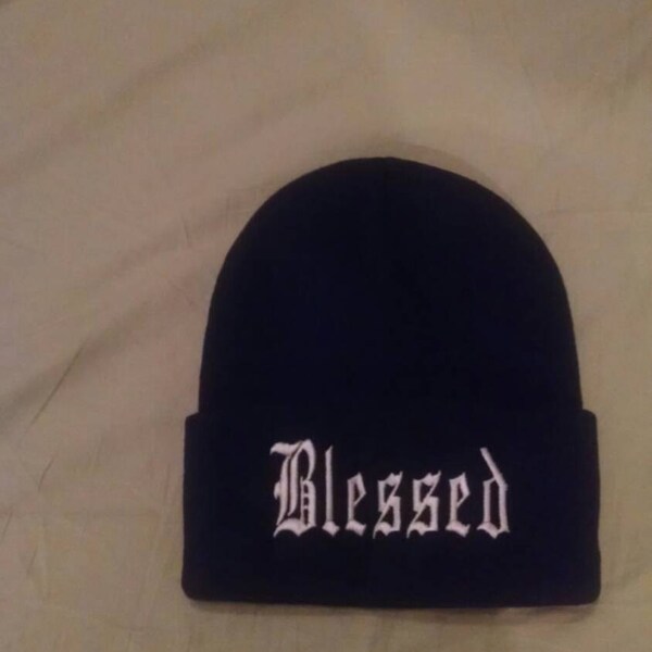 Black Beanie - Blessed - Old English Font - Embroidered in White - Etsy
