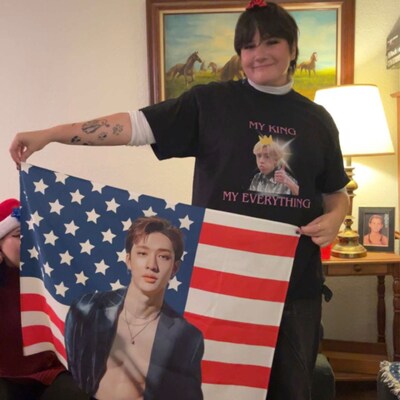 Enhypen Jake Wearing Hoodie Flag Banner, Enhypen Jake American Tapestry ...