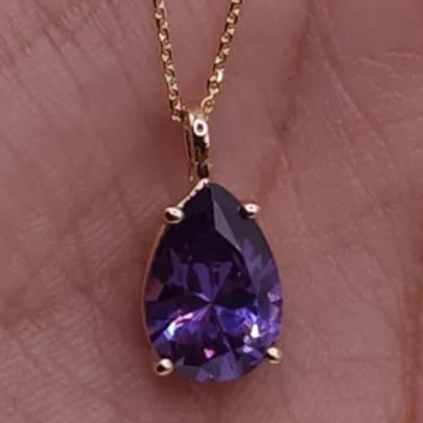14kt Gold Amethyst Teardrop Necklace, 1.5 Ct Amethyst Pendant, February ...