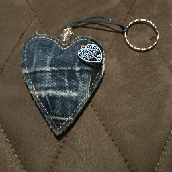 Set of 5 Handmade Denim Fabric Heart Xmas Ornaments, Hanging Textile ...