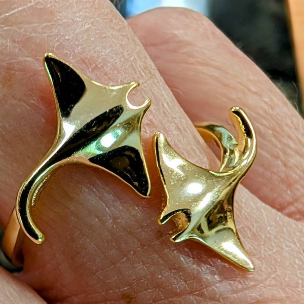 Gold Manta Ray Ring - 925 Sterling Silver With 18k Gold Overlay, Twin Manta Rays, Adjustable ...