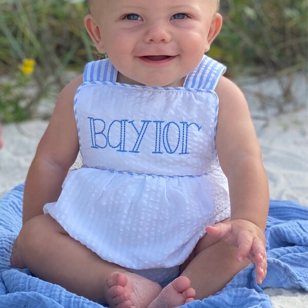 Monogrammed Baby Boy Outfit, Monogrammed Boys Seersucker Bubble, Baby ...