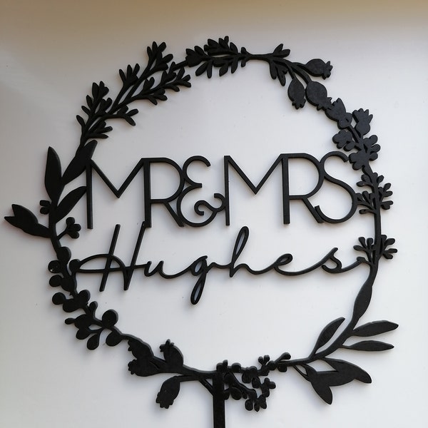 Floral Wreath Wedding Cake Topper - Personalised Wooden Cake Topper (x5 ...