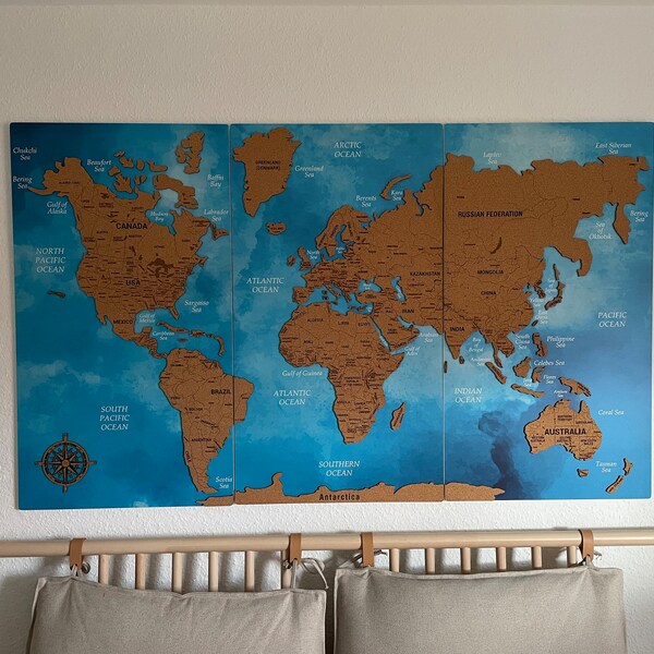 World Map Push Pin, World Map Wall Art, Wooden Travel Map, Cork Board ...
