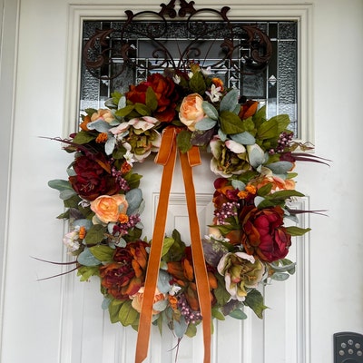 Fall Wreath With Sign for Front Door, Rust Leaves Autumn Wreath, White ...
