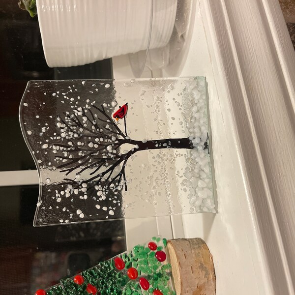 Fused Glass Winter Tree With Cardinal: Holiday Decor, Windowsill Art - Etsy