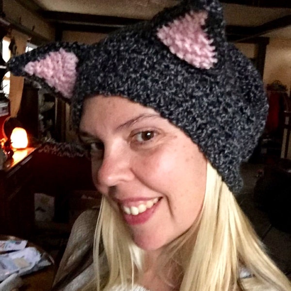 Grey Cat Hat, Slouchy Cat Hat, Black Kitty Ears, Fuzzy Cat Beanie, Cat ...