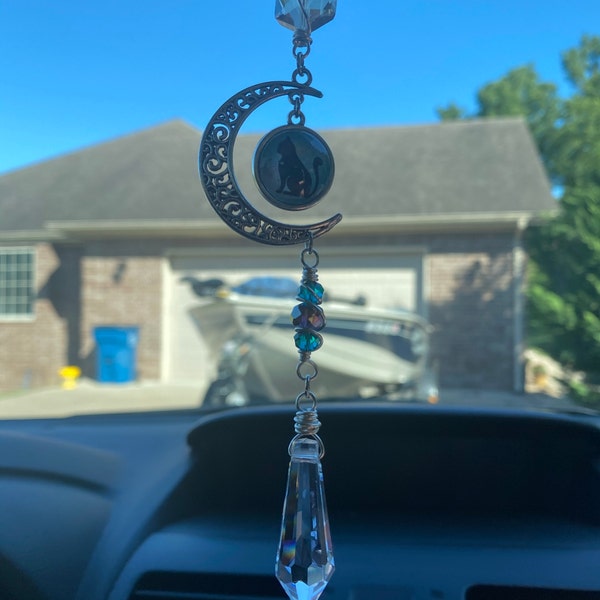Cat Car Charm, Boho Moon Decor, Moon Suncatcher, Crystal Car Charm, Cat ...