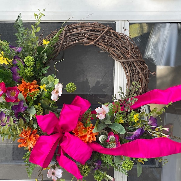 Spring Wreath, Bright Wreath for Spring and Summer, Bright Pink ...