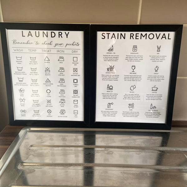 Set of 2 - Laundry Symbols Guide and Stain Removal - Cheat Sheet ...