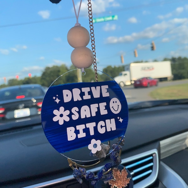 Drive Safe Btch Acrylic Car Charm Retro Boho Smiley Face Car ...