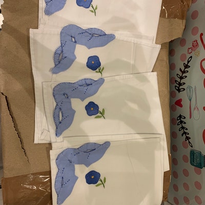 Vintage Blue Linen Tray Cloth/ Placemat, With White Floral Embroidery ...