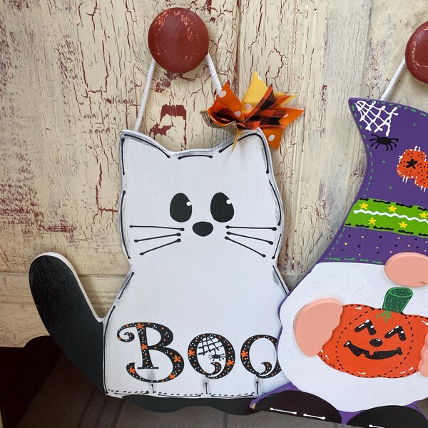 BOO BLACK CAT Ghost Halloween Sign Plaque Wall Decor Room Door Hanger ...