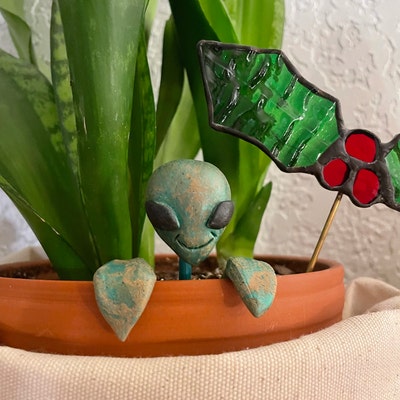 Alien Plant Buddy, Ceramic Alien, Garden Art, Plant Stake, Mini Green ...