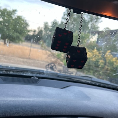 Black Fuzzy Dice With Pink Hearts and Chain or Cord / Car Accessories ...