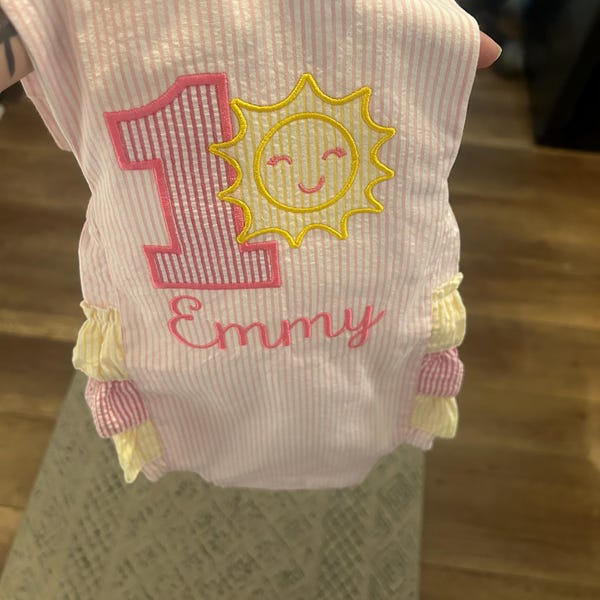 Blue Seersucker Bubble With Pink Monogram, Seersucker Sunsuit, Seersucker Romper, Ruffle Bubble ...