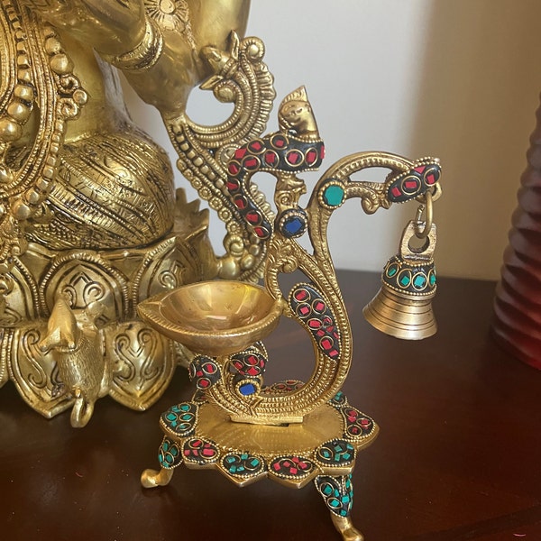 Brass Deepak With Stonework 20 Cm Brass Oil Lamp Stand With Bell Brass ...