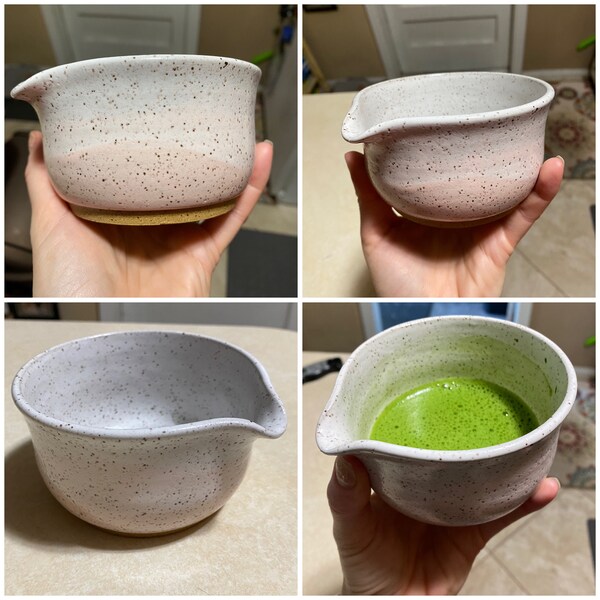 White Ceramic Matcha Bowl With Spout, Ergonomic Speckled Bowl With ...