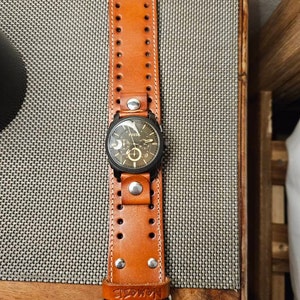 Teardrop Black Watch With Perforated Brown Leather Wide Cuff - Etsy