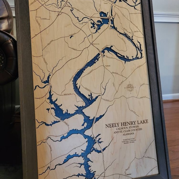 Neely Henry Lake Map - Wood Lake Map - Custom Wood Map - 3D Wall Art ...