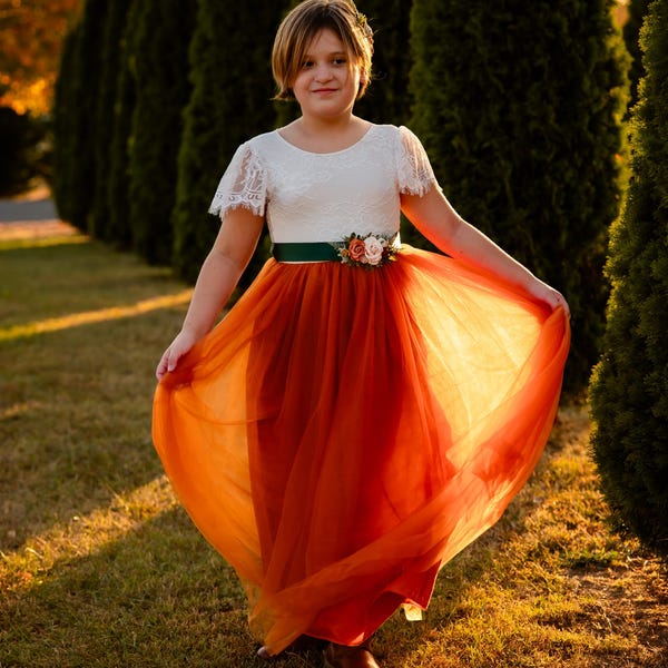 Burnt Orange Floral Embroidered Tulle and Velvet Flower Girl Dress ...