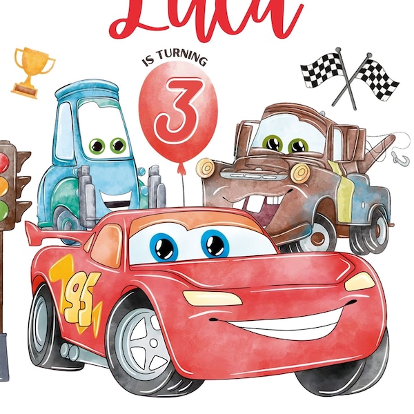 Watercolor Cars Lightning Mcqueen, Mater Birthday Invitation, Race ...