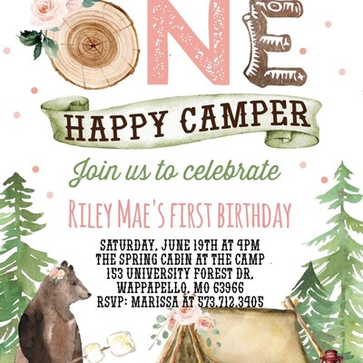 Girl ONE HAPPY CAMPER Invitation Pink One Happy Camper Camping Birthday Invitation Camper ...