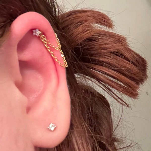 16g Dainty Flower Helix Double Chain Ear Stud, Flat Back Chain Hoop ...