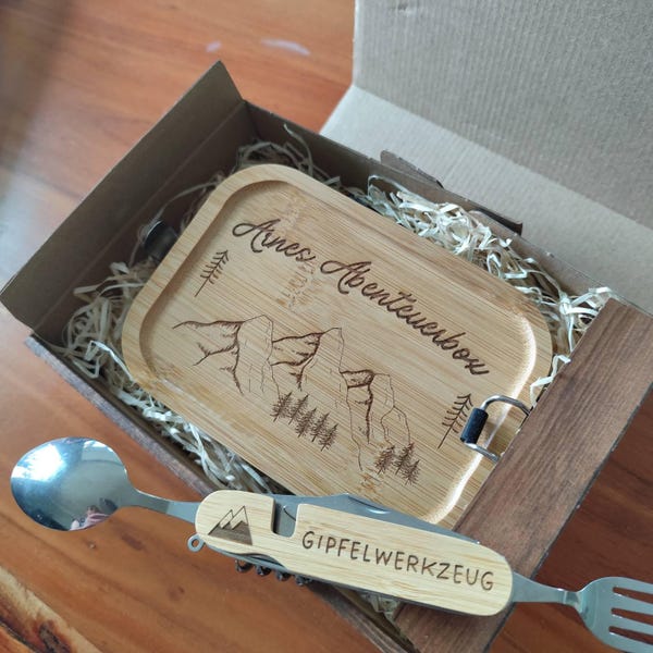 Wandern Geschenk Lunchbox & Campingbesteck Bergmotiv Personalisierte ...