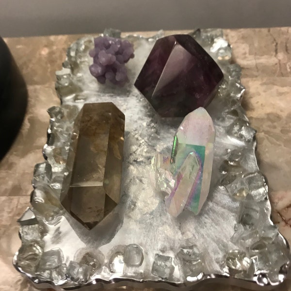 Mini Handmade Resin Tray With Glass Rim, Snow White With Silver Accents ...