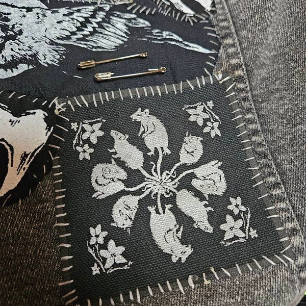 Rat King- Silver Screen Print Fabric Patch 8x8cm- Goth, Rat Lover Gift ...