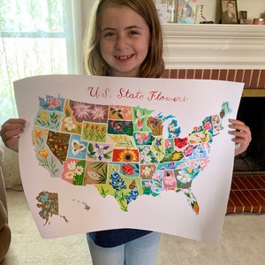 US State Flowers Educational Wall Art Watercolor Geography Flower Chart ...