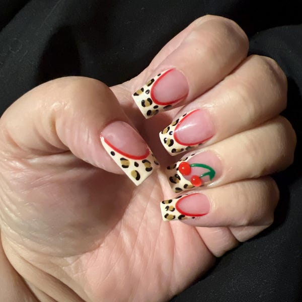 Leopard Print French Tip and 3D Cherry Press-on Nails - Etsy