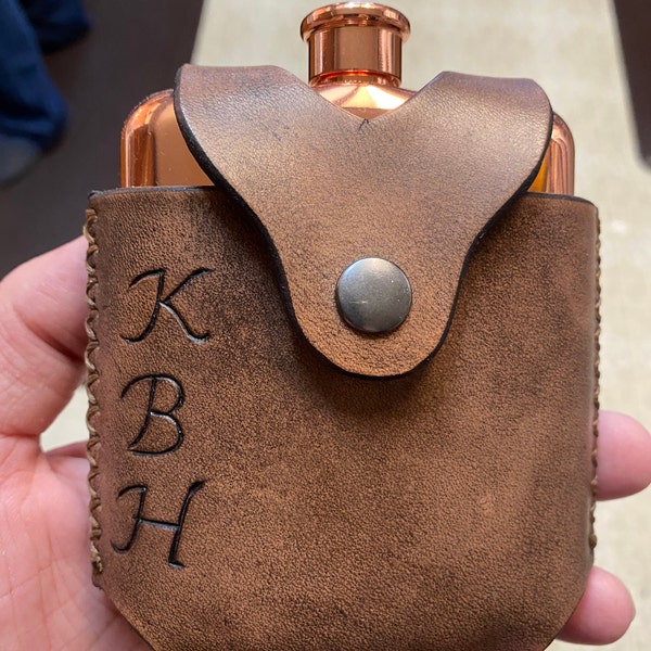 Copper Flask With Hand Made Leather Sheath, Personalized Initials, Hand ...