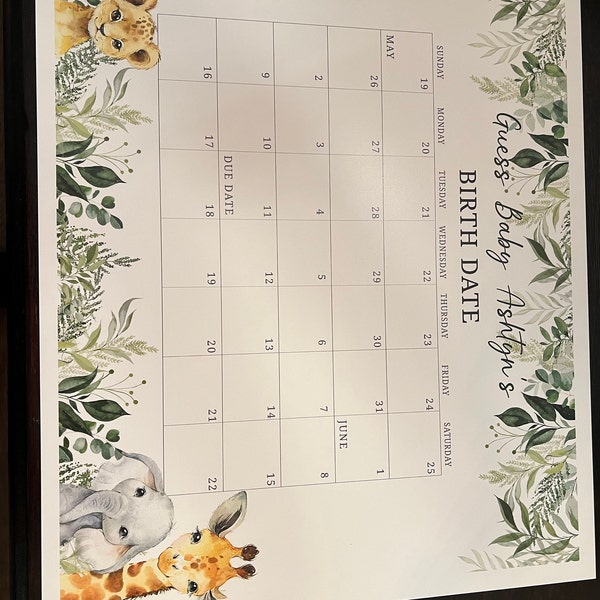 Editable Jungle Baby Shower Baby Due Date Calendar, Safari Animals Baby ...