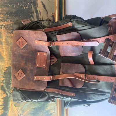 50L Camping Backpack Bushcraft Backpack Brown Green Handmade Leather ...