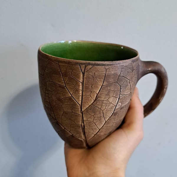 Handmade Ceramic Mug || Pottery Mug With Leaf Impressions, Unique Leaf ...