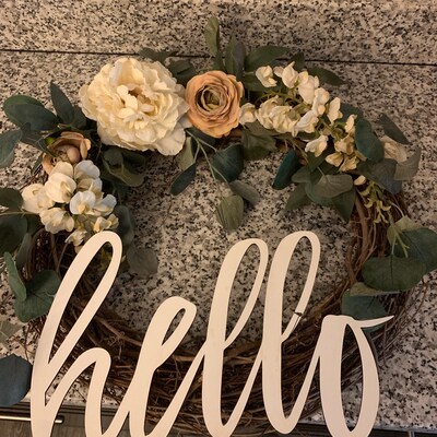 Hello Wood Word Cutout Wreath Decor, Hello Sign, White Hello Laser ...