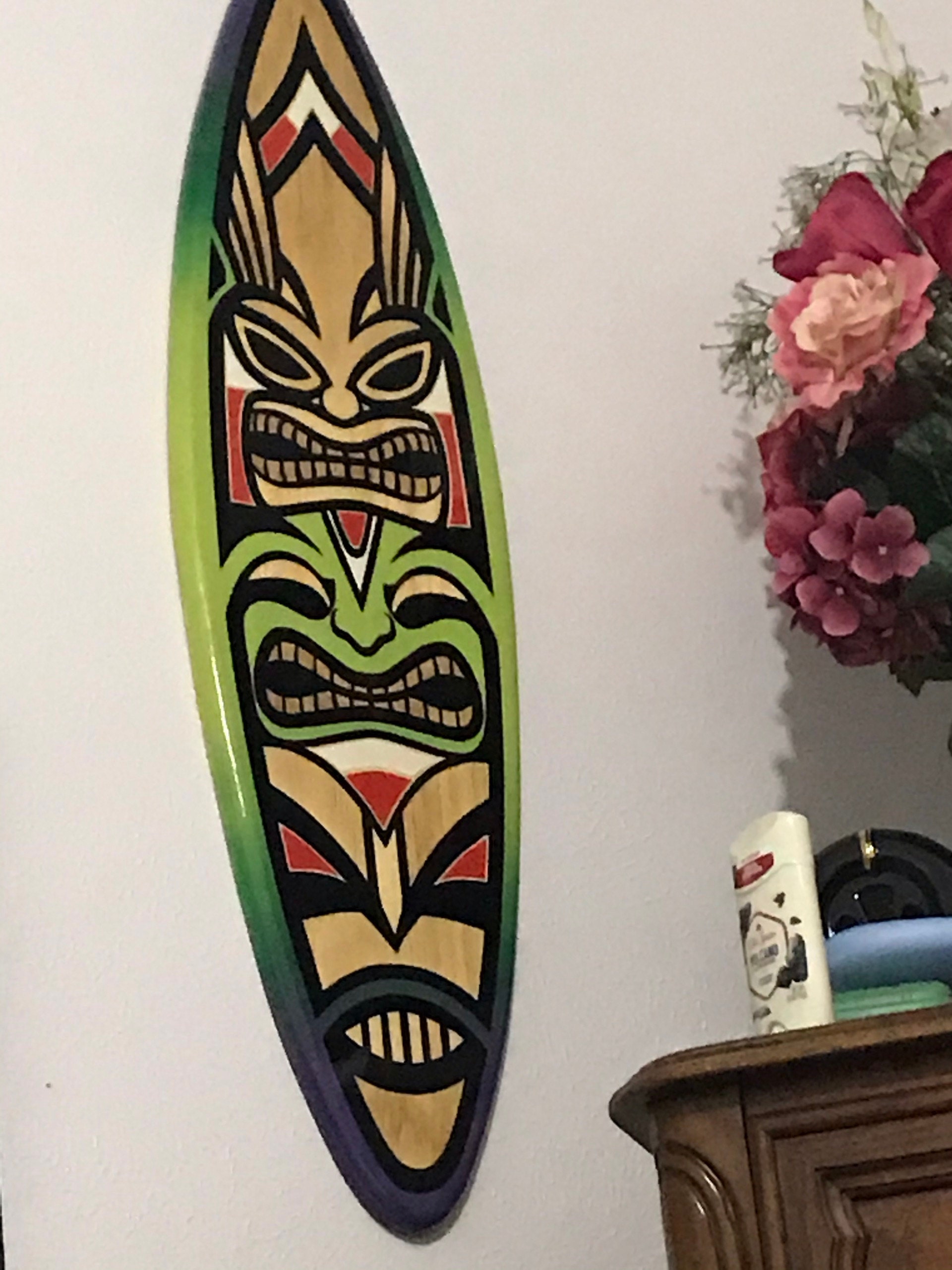 Tribal Tiki Surfboard Wood Surfboard Original Wall Art Home Office Surf ...