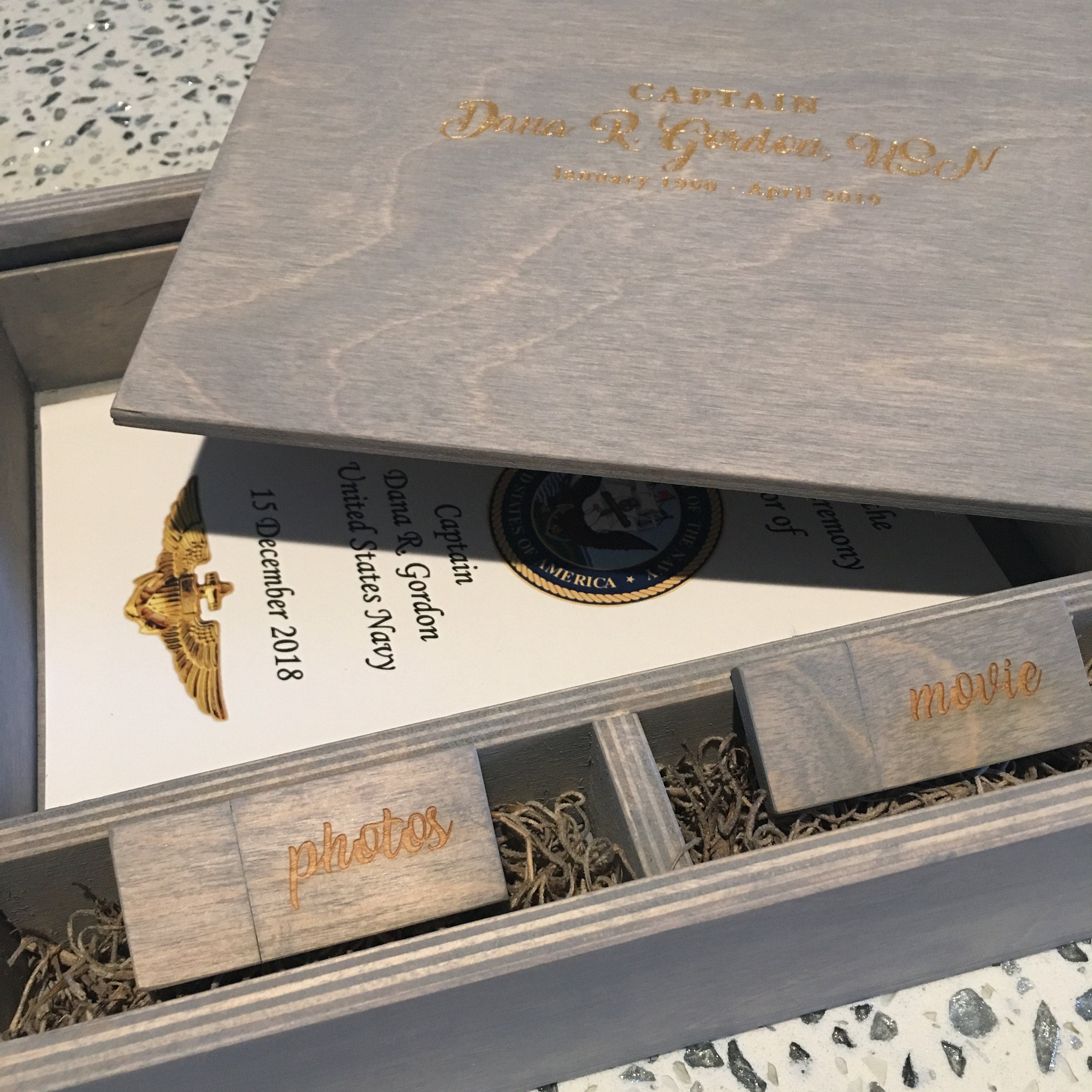 Custom - 9x6x1.5 Gray box with 2 USB sections - Gold inlay - (1) 8gb ...