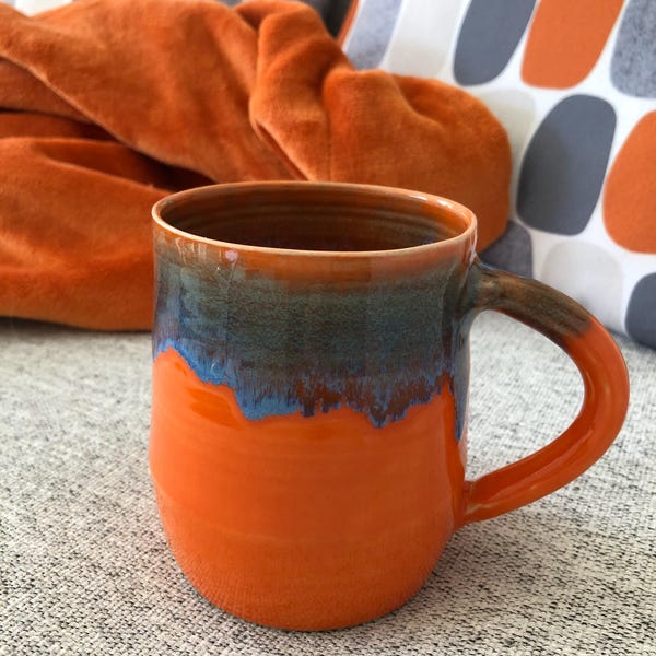 Tall Orange and Blue Ceramic Mug - Etsy